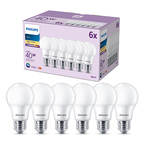 Philips LED lamp E27 | Peer A60 | Mat | 2700K | 4.9W (40W) | 6 stuks Philips 123led.nl